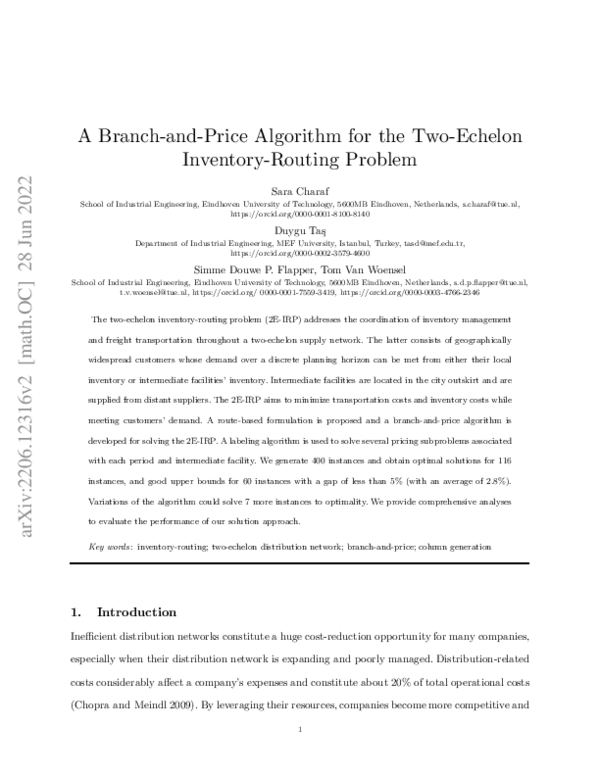 Pdf A Branch And Price Algorithm For The Two Echelon Inventory Routing Problem Simme Flapper