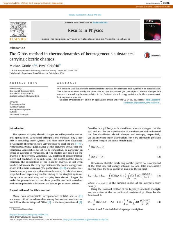 (PDF) The Gibbs method in thermodynamics of heterogeneous substances ...
