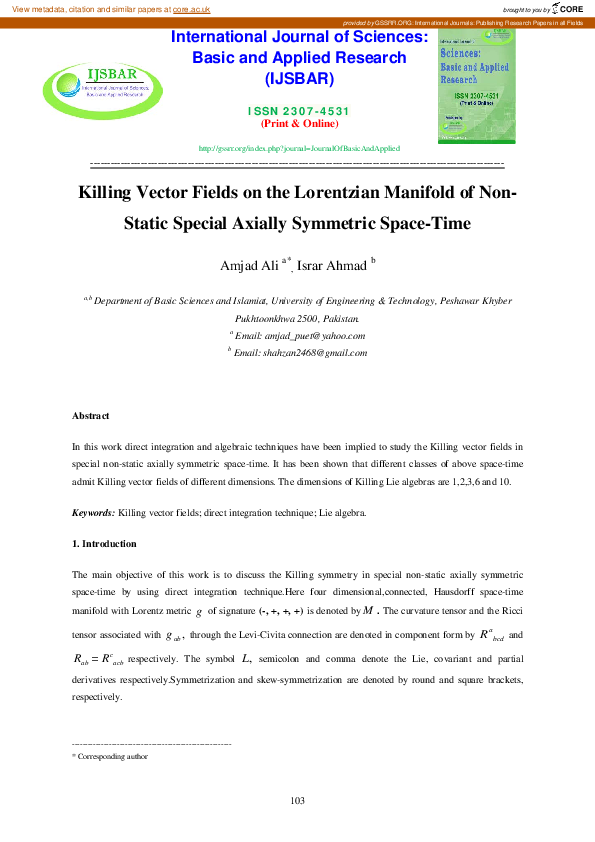 Pdf Killing Vector Fields On The Lorentzian Manifold Of Non Static Special Axially Symmetric