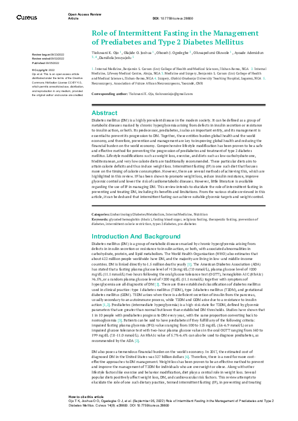 (PDF) Role of Intermittent Fasting in the Management of Prediabetes and ...