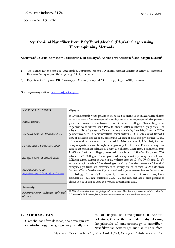 (PDF) Synthesis of Nanofiber from Polyvinyl Alcohol (PVA)-Collagen Using Electrospinning Methods