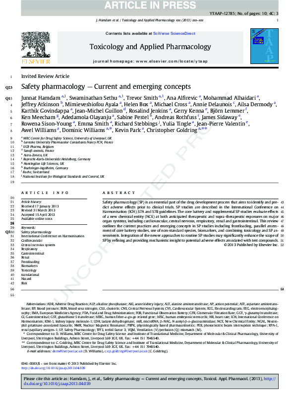 (PDF) Safety pharmacology — Current and emerging concepts | Trevor Smith - Academia.edu
