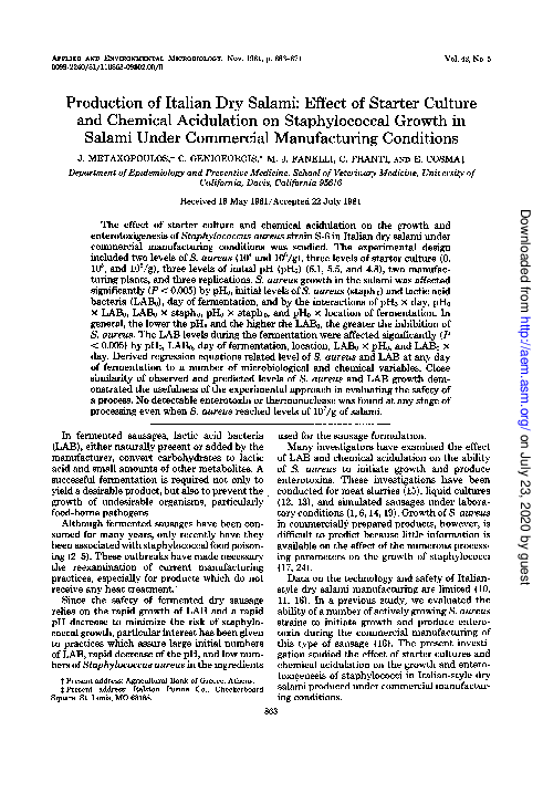 (PDF) Production of Italian Dry Salami: Effect of Starter Culture and ...