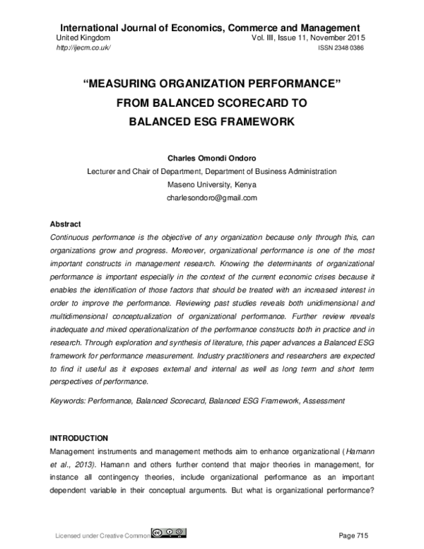 Pdf Measuring Organization Performance From Balanced Scorecard To Balanced Esg Framework
