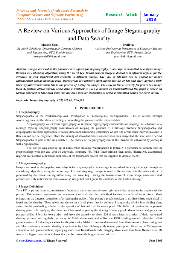 (PDF) A Review on Various Approaches of Image Steganography and Data Security
