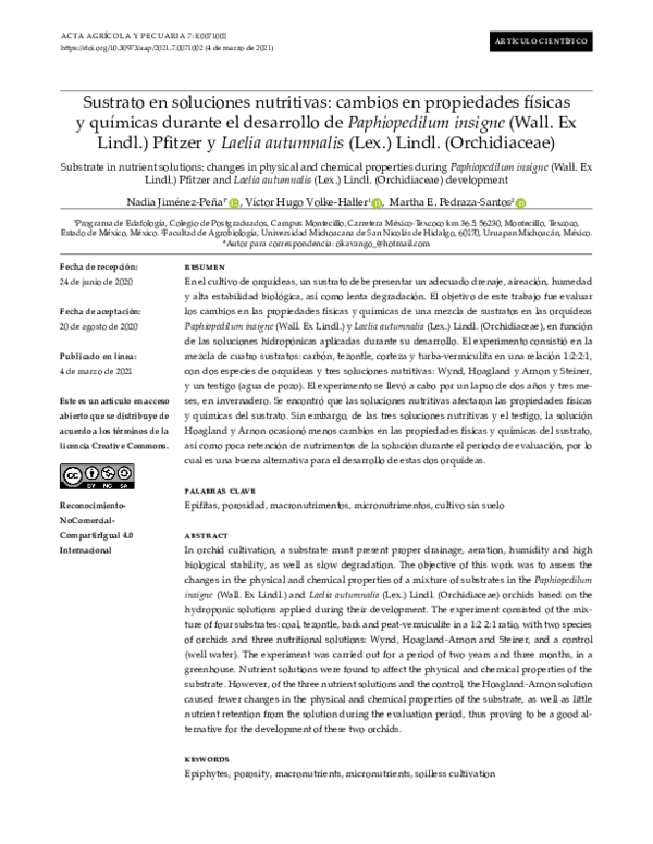(PDF) Sustrato en soluciones nutritivas: cambios en propiedades físicas y químicas durante el ...
