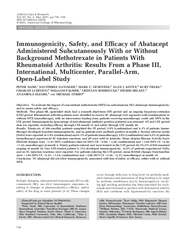 (PDF) Immunogenicity, Safety, and Efficacy of Abatacept Administered ...