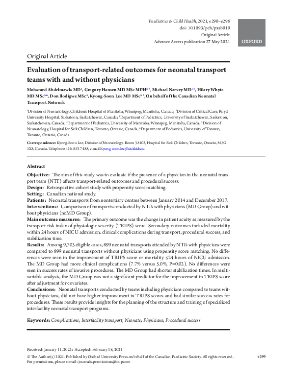 (PDF) Evaluation of transport-related outcomes for neonatal transport ...