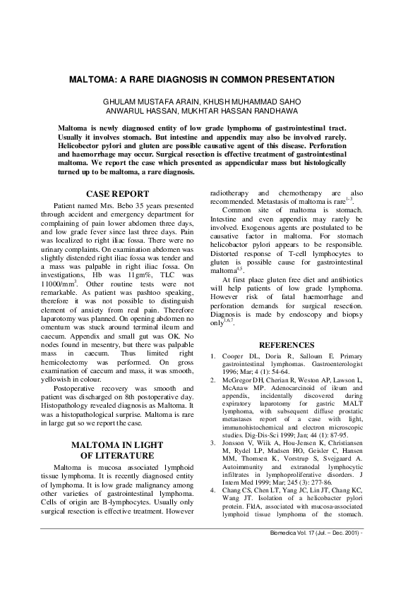 (PDF) Maltoma: A Rare Diagnosis in Common Presentation | HASSAN ...