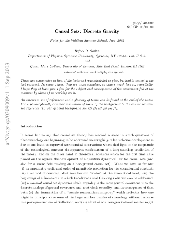 (PDF) Causal Sets: Discrete Gravity (Notes for the Valdivia Summer School)