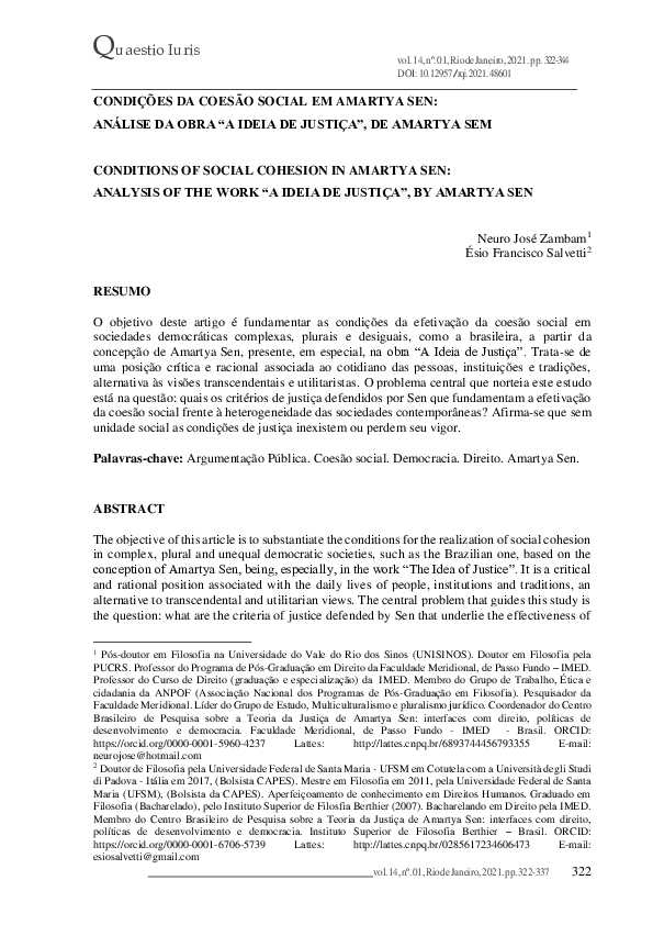 (PDF) Condições da coesão social em Amartya Sen análise da obra A Ideia ...