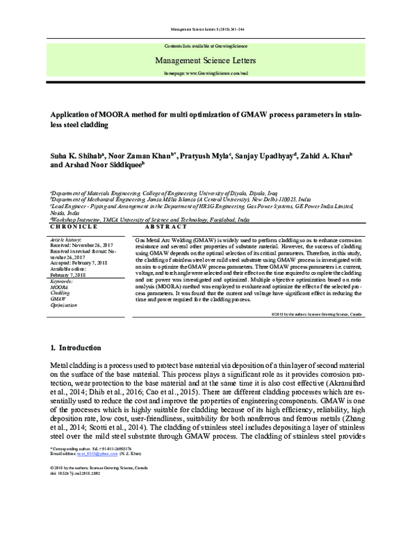 (PDF) Application of MOORA method for multi optimization of GMAW process parameters in stain ...