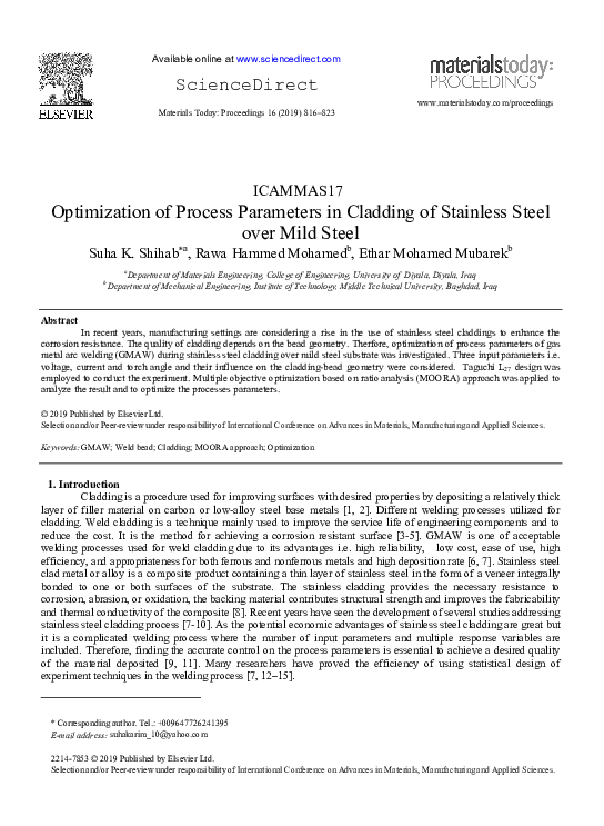 (PDF) Optimization of Process Parameters in Cladding of Stainless Steel over Mild Steel
