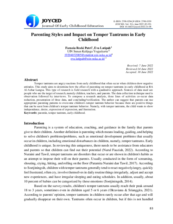 (PDF) The Parenting Styles and Impact on Temper Tantrums in Early Childhood
