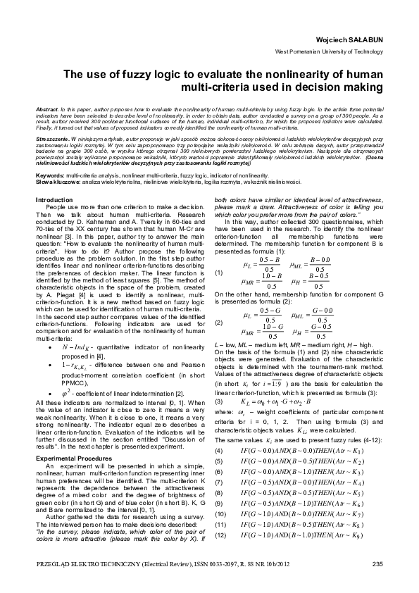 (PDF) The use of fuzzy logic to evaluate the nonlinearity of human multi-criteria used in ...