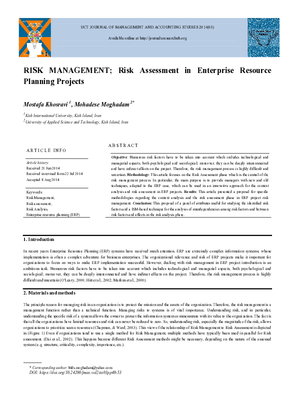 (PDF) Risk Assessment in Enterprise Resource Planning Projects