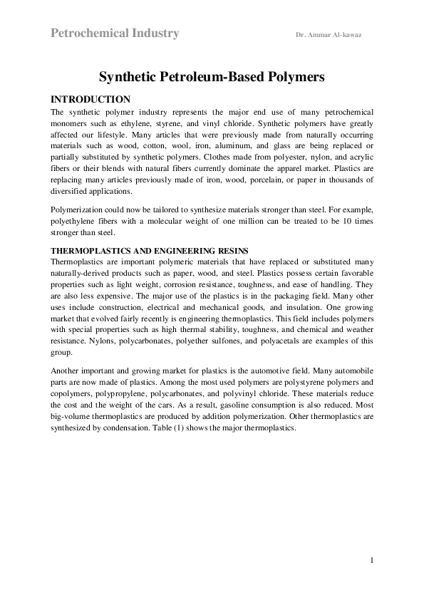 (PDF) Synthetic Petroleum-Based Polymers | Ammar Al-kawaz - Academia.edu
