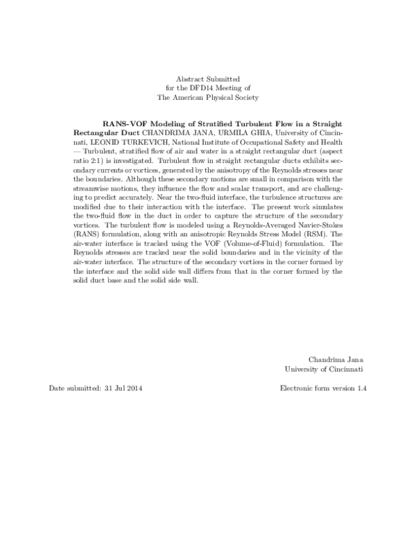 (PDF) RANS-VOF Modeling of Stratified Turbulent Flow in a Straight Rectangular Duct