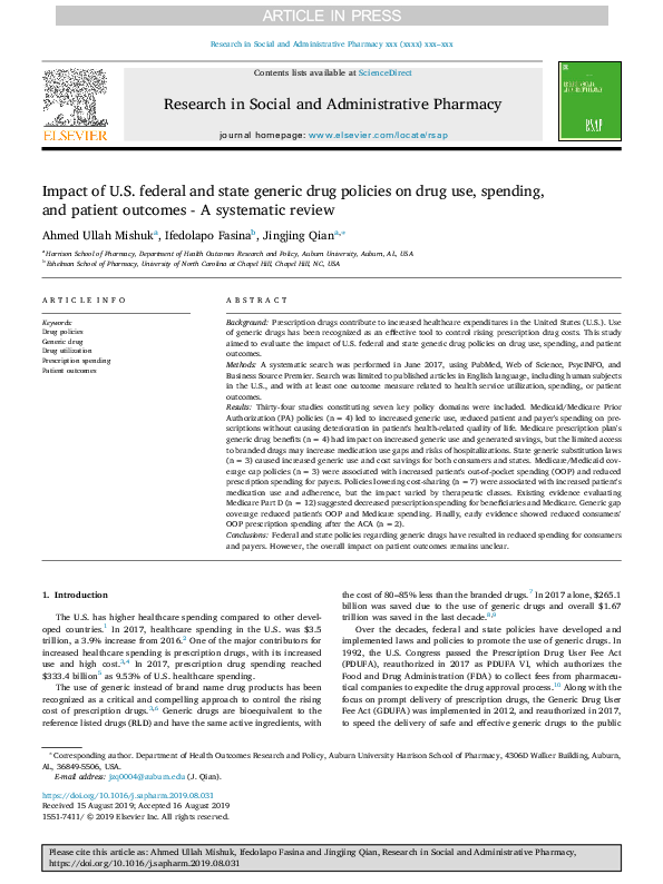 (PDF) Impact of U.S. federal and state generic drug policies on drug ...