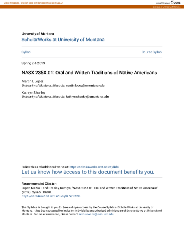 (PDF) NASX 235X.01: Oral and Written Traditions of Native Americans