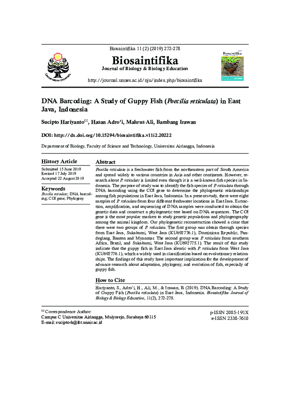(PDF) DNA Barcoding: A Study of Guppy Fish (Poecilia reticulata) in ...