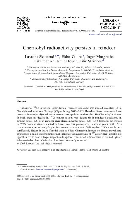 (PDF) Chernobyl radioactivity persists in reindeer