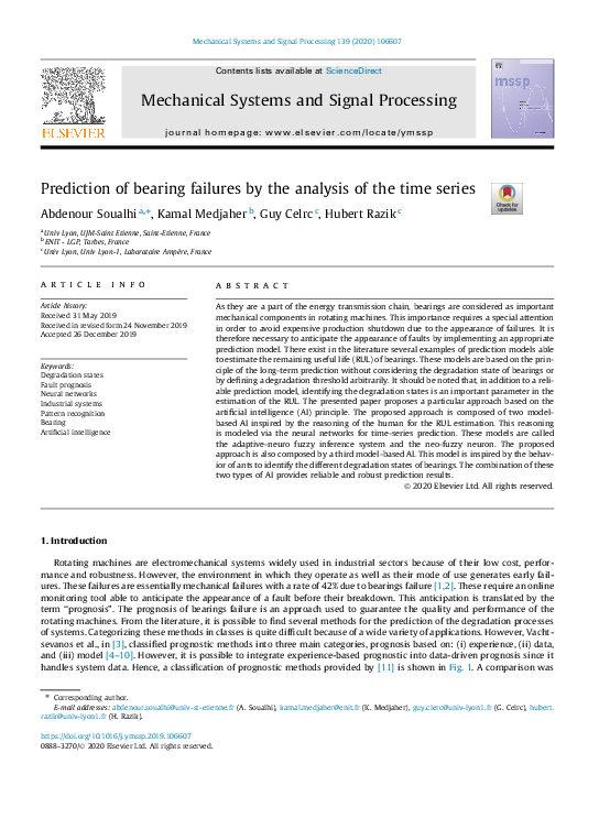 (PDF) Prediction of bearing failures by the analysis of the time series