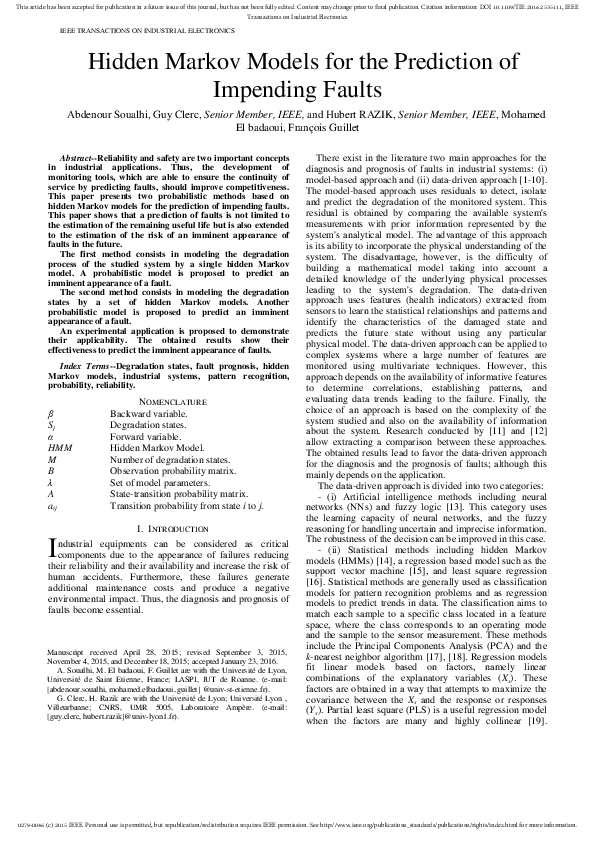 (PDF) Hidden Markov Models for the Prediction of Impending Faults