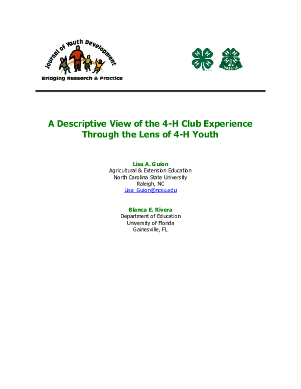 (PDF) A Descriptive View of the 4-H Club Experience Through the Lens of ...