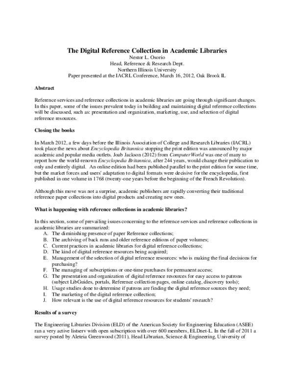 (PDF) The Digital Reference Collection in Academic Libraries