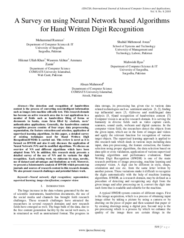 Pdf A Survey On Using Neural Network Based Algorithms For Hand