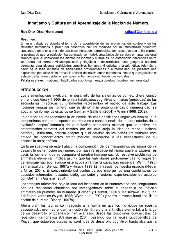 (PDF) Innatismo y Cultura en el Aprendizaje de la Noción de Número