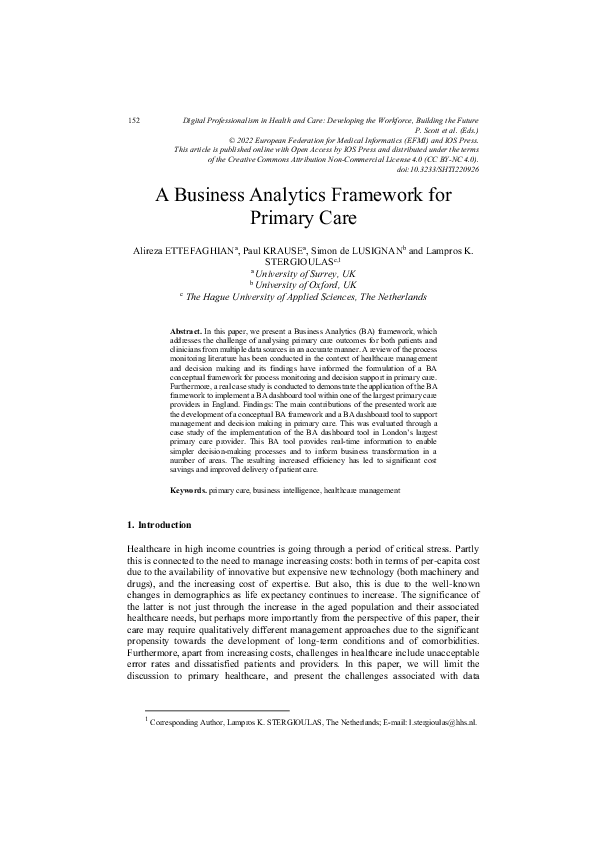 (PDF) A Business Analytics Framework for Primary Care