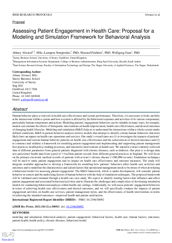 (PDF) Assessing Patient Engagement in Health Care: Proposal for a Modeling and Simulation ...