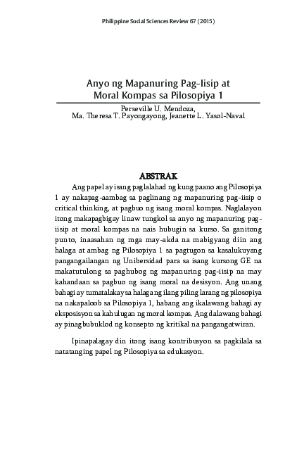 (PDF) Anyo ng Mapanuring Pag-Iisip at Moral Kompas sa Pilosopiya 1