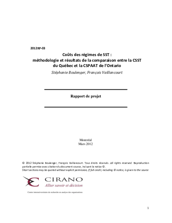 (PDF) Coûts des régimes de SST : méthodologie et résultats de la ...