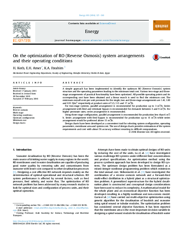 (PDF) On the optimization of RO (Reverse Osmosis) system arrangements and their operating conditions
