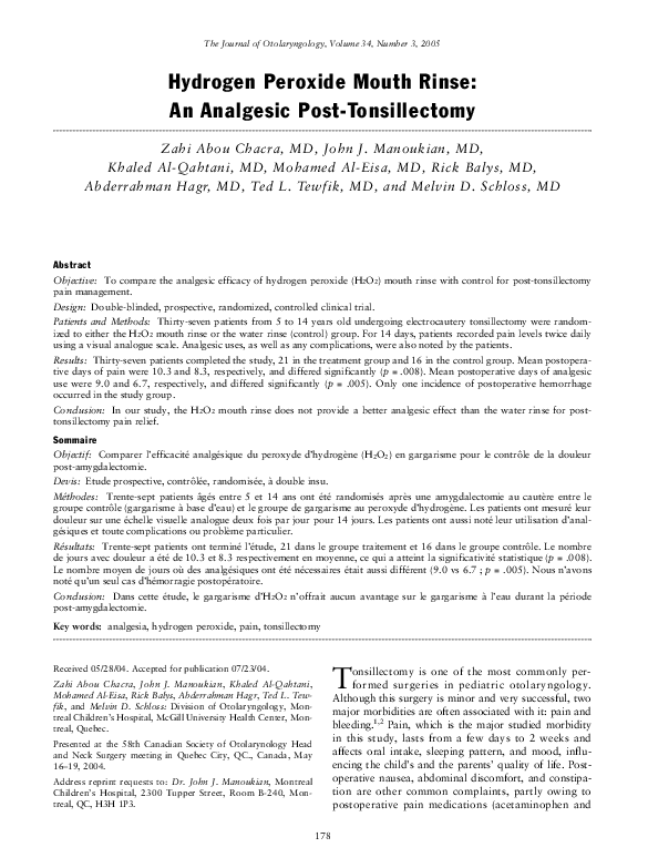 Pdf Hydrogen Peroxide Mouth Rinse An Analgesic Post Tonsillectomy