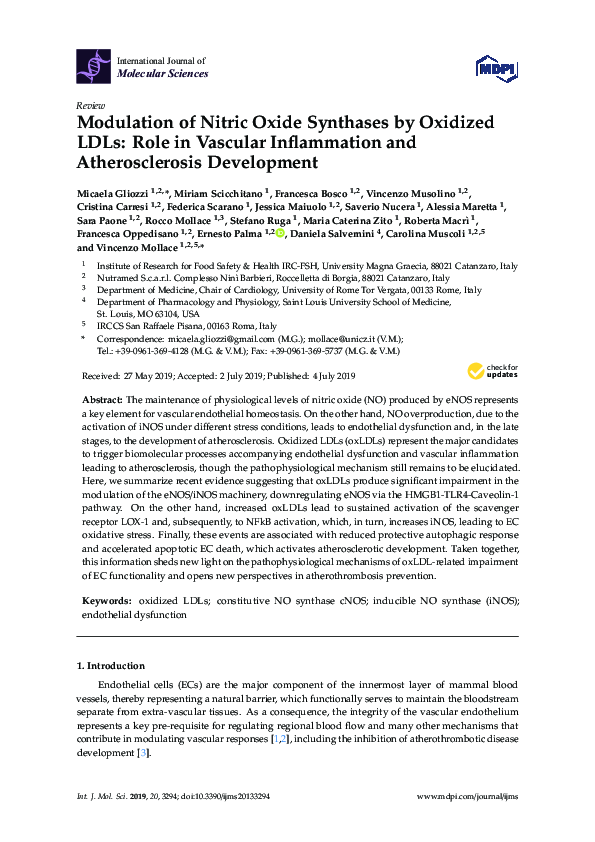 (PDF) Modulation of Nitric Oxide Synthases by Oxidized LDLs: Role in Vascular Inflammation and ...