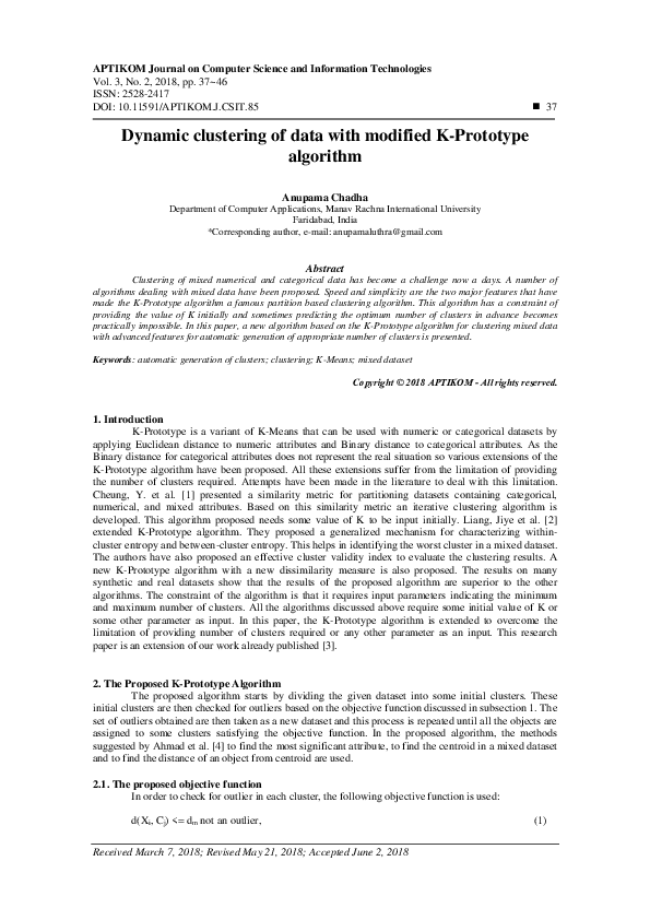 Pdf Dynamic Clustering Of Data With Modified K Prototype Algorithm