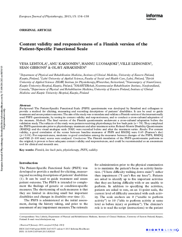 Pdf Content Validity And Responsiveness Of A Finnish Version Of The Patient Specific