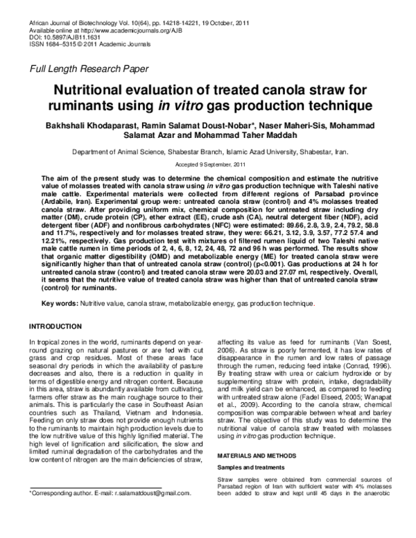 (PDF) Nutritional evaluation of treated canola straw for ruminants ...