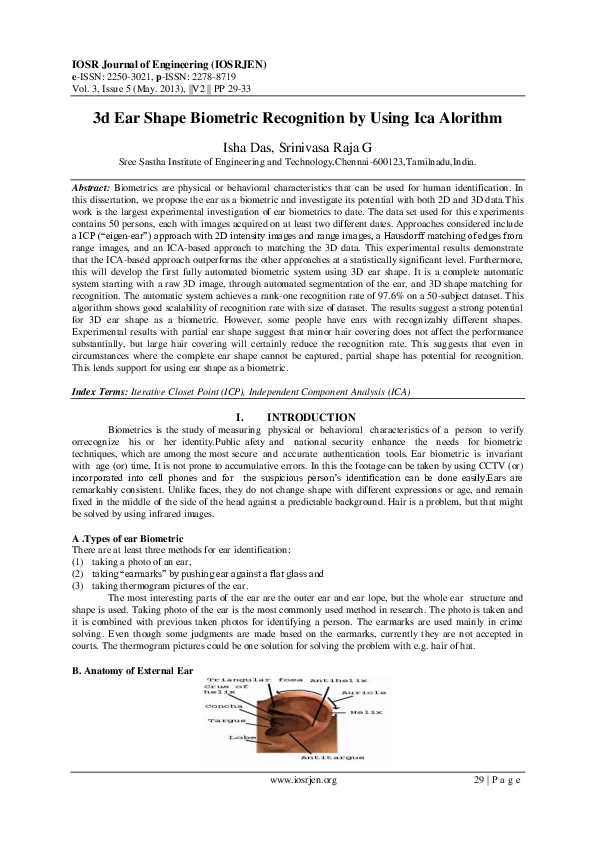 Pdf 3d Ear Shape Biometric Recognition By Using Ica Alorithm Isha