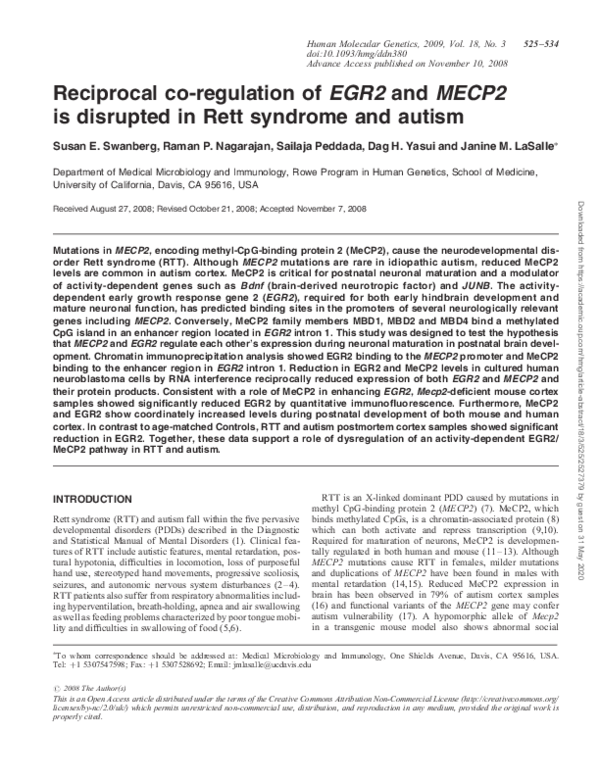 (PDF) Reciprocal co-regulation of EGR2 and MECP2 is disrupted in Rett ...
