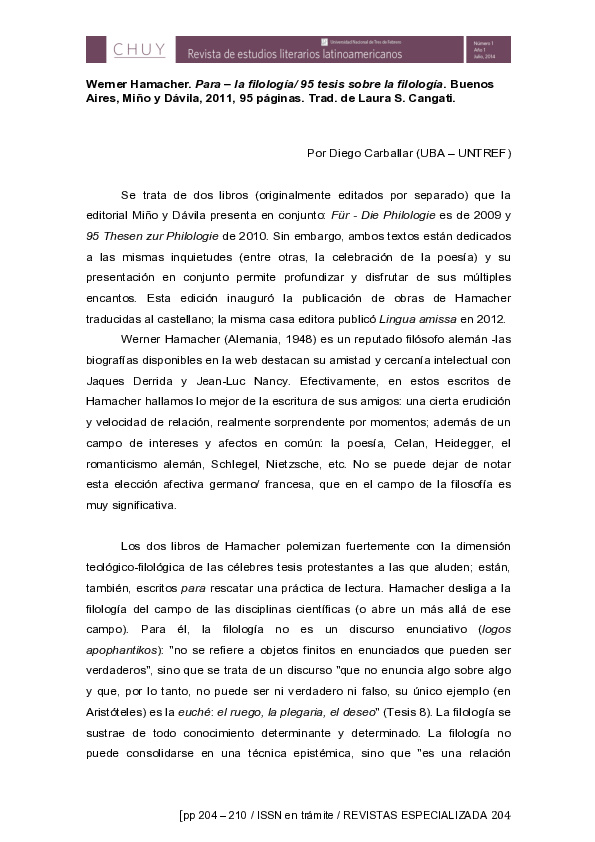 (PDF) Para – la filología/ 95 tesis sobre la filología, de Werner Hamacher