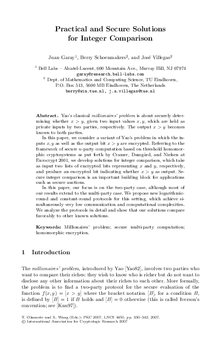 (PDF) Practical and Secure Solutions for Integer Comparison