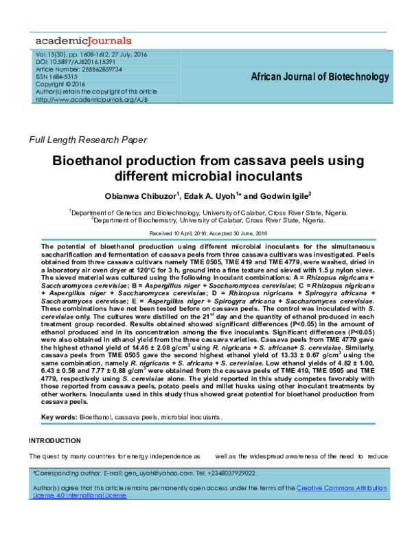 (PDF) Bioethanol production from cassava peels using different ...