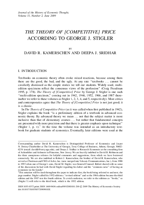 (PDF) The Theory of [Competitive] Price According to George J. Stigler