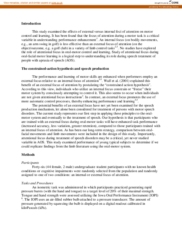 Pdf Effects Of Attentional Focus On Oral Motor Control And Learning