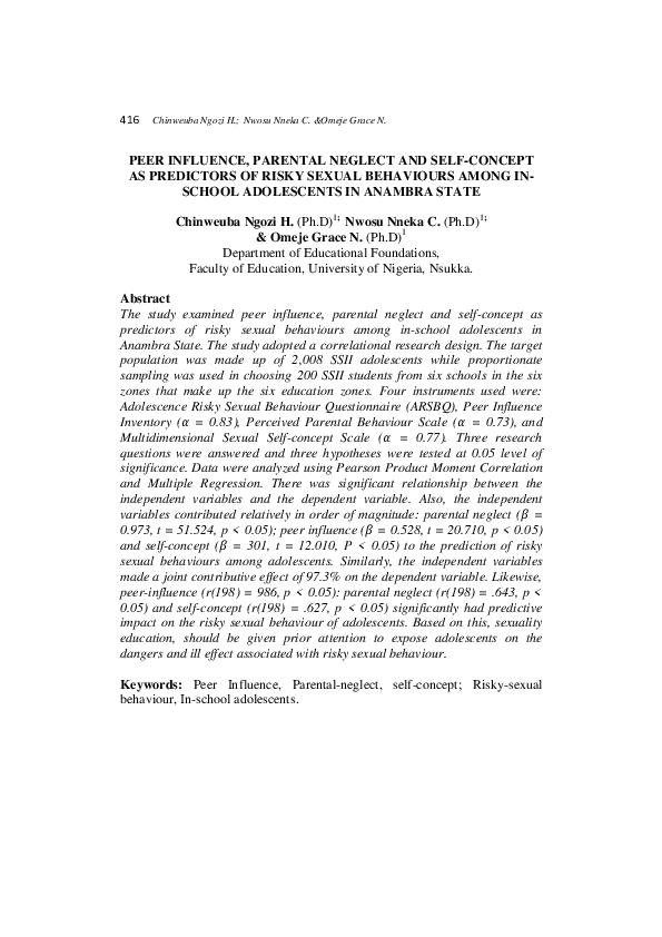 (PDF) Peer Influence, Parental Neglect and Self-Concept as Predictors of Risky Sexual Behaviours ...